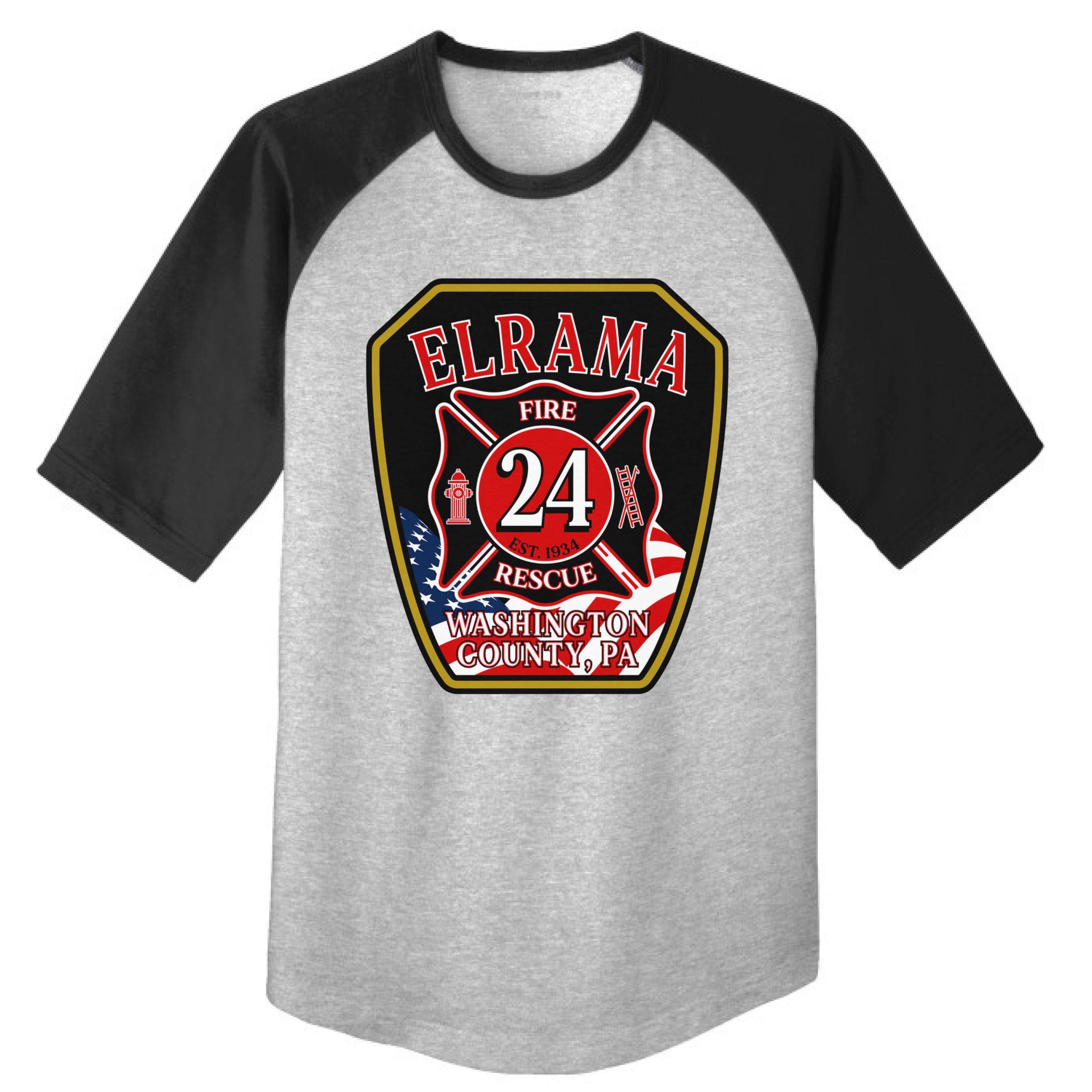 Kid's Elrama Station 24 Raglan Tee Fire Rescue Shield Design -Gray Hea ...